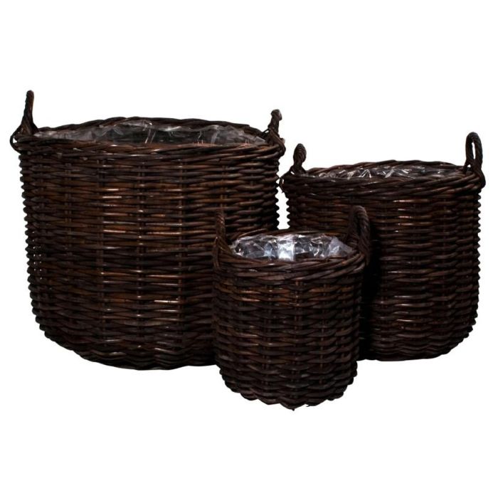 Rattan plant baskets ALAZ with handle, 3 pieces, round, dark brown, 44 ...