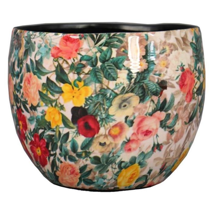 Metal plant pot ASTERI with flower motif, coloured, 4.3"/11cm, Ø5.5"/14cm